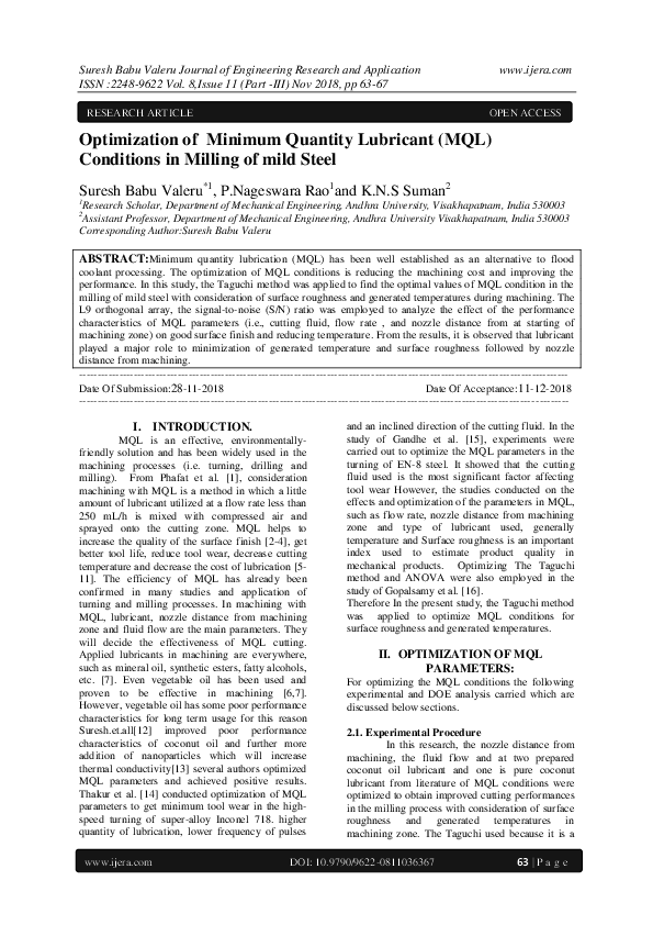 Pdf Optimization Of Minimum Quantity Lubricant Mql Conditions In Milling Of Mild Steel