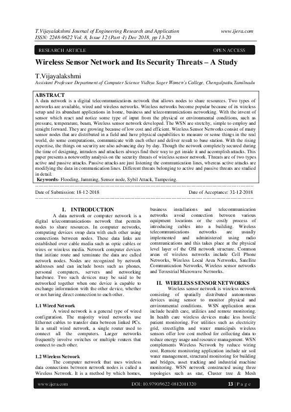 (PDF) Wireless Sensor Network and Its Security Threats -A Study