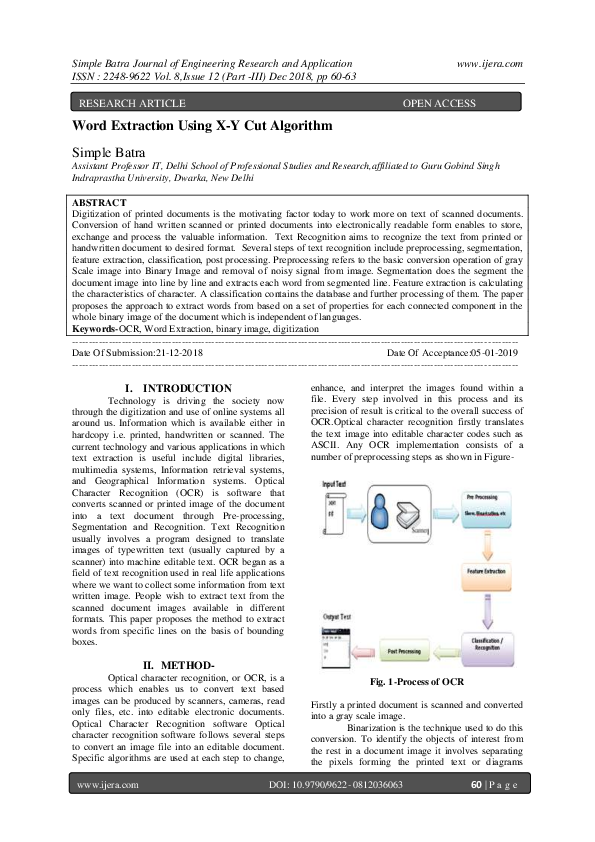 Word Extraction Using X Y Cut Algorithm Simple Batra 