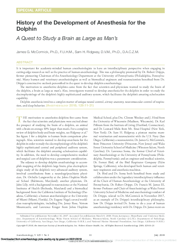 (PDF) History of the Development of Anesthesia for the Dolphin A Quest ...