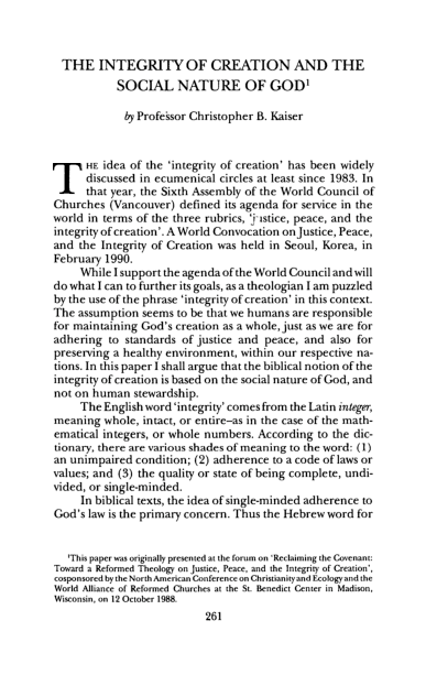 (PDF) The Integrity of Creation and the Social Nature of God