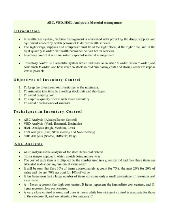 (DOC) ABC, VED, HML Analysis in Material management