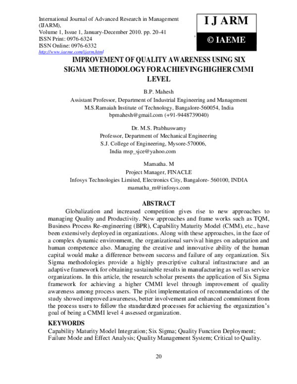 (PDF) IMPROVEMENT OF QUALITY AWARENESS USING SIX SIGMA ...