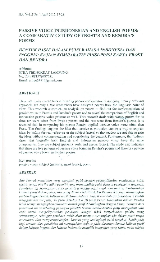 (PDF) Passive Voice in Indonesian and English Poems - Aurora Journal ...