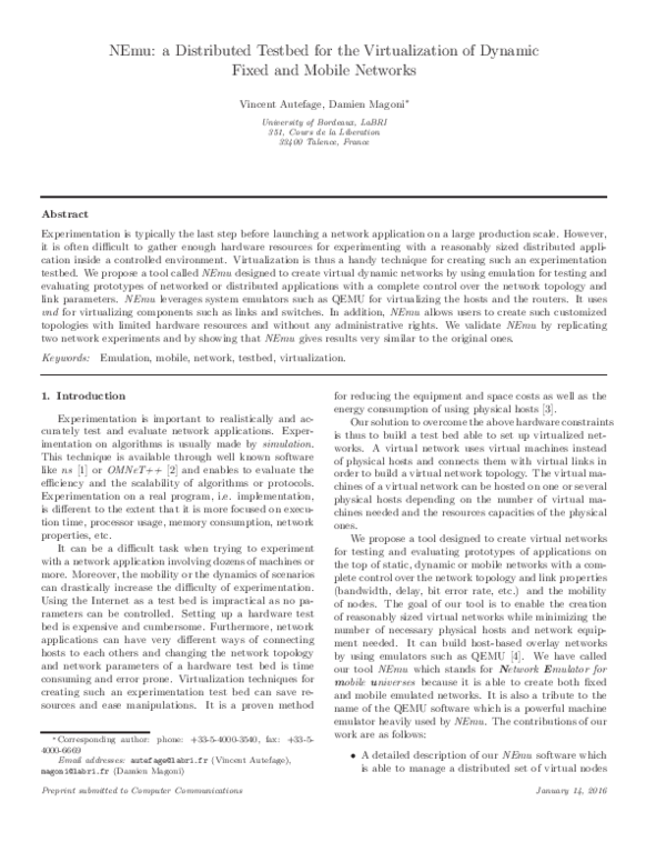 (PDF) NEmu: a Distributed Testbed for the Virtualization of Dynamic ...