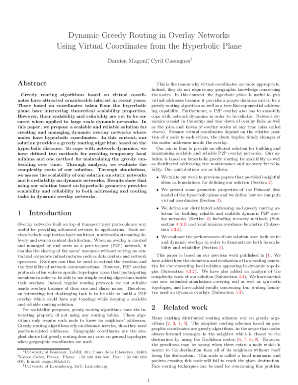 Pdf Dynamic Greedy Routing In Overlay Networks Using Virtual Coordinates From The Hyperbolic Plane