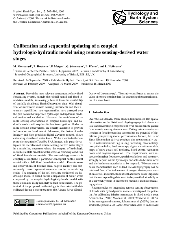 (PDF) Calibration and sequential updating of a coupled hydrologic-hydraulic model using remote ...