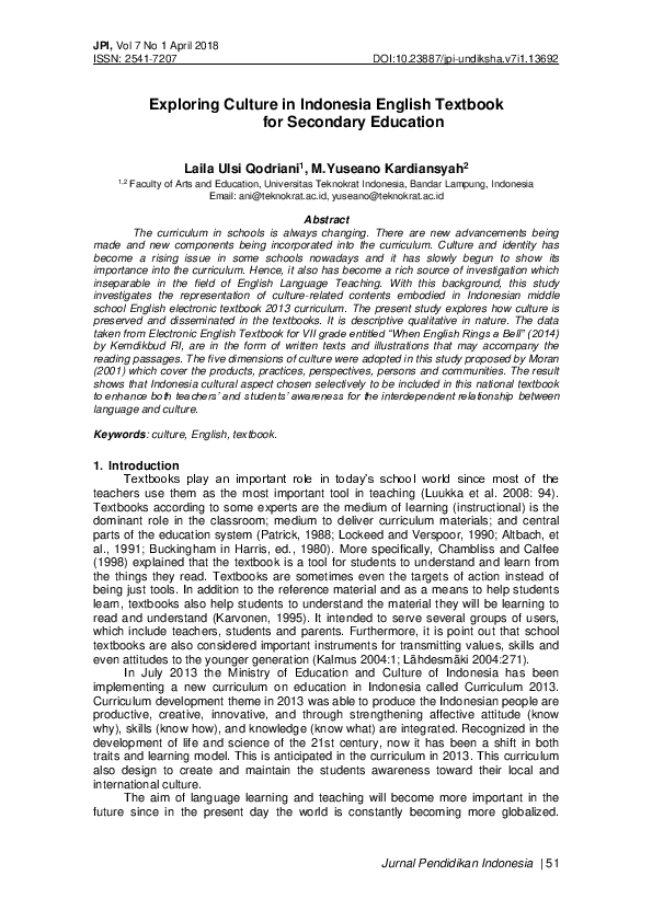 (PDF) Exploring Culture in Indonesia English Textbook for Secondary ...