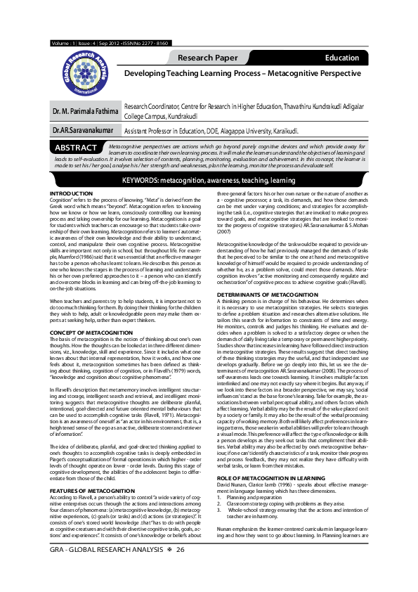 Pdf Developing Teaching Learning Process Metacognitive Perspective