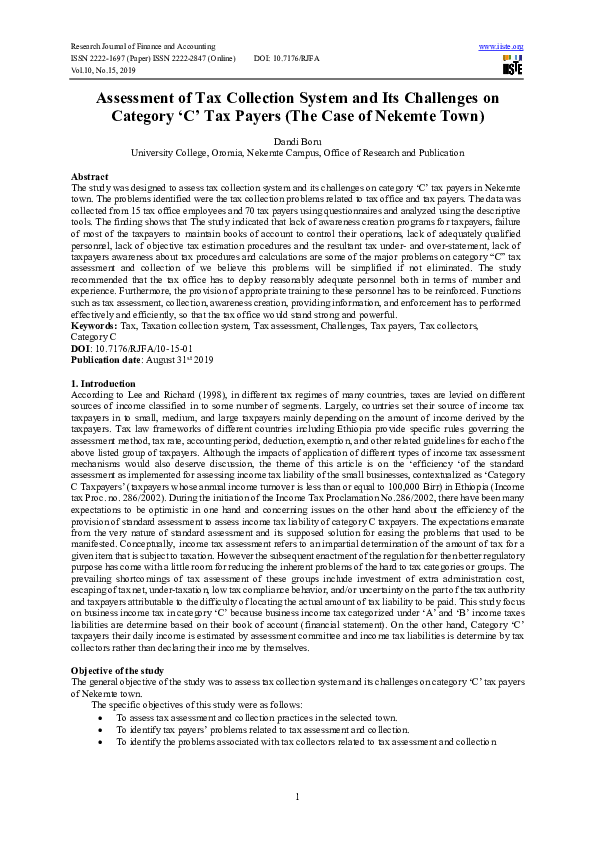 (PDF) Assessment of Tax Collection System and Its Challenges on ...