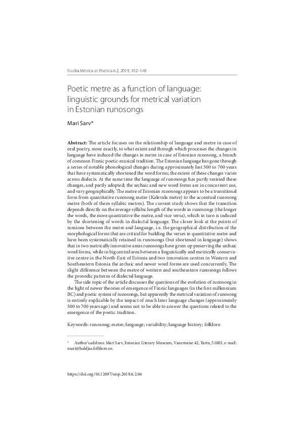 (PDF) Poetic metre as a function of language: linguistic grounds for ...