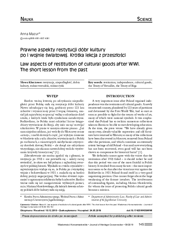 (PDF) Law aspects of restitution of cultural goods after WWI. The short ...