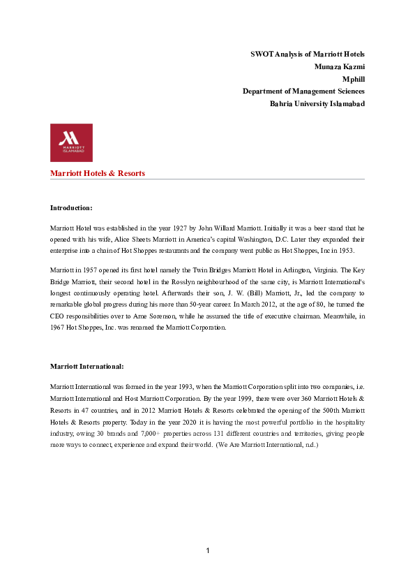 (PDF) SWOT Analysis of Marriott Hotels & Resorts