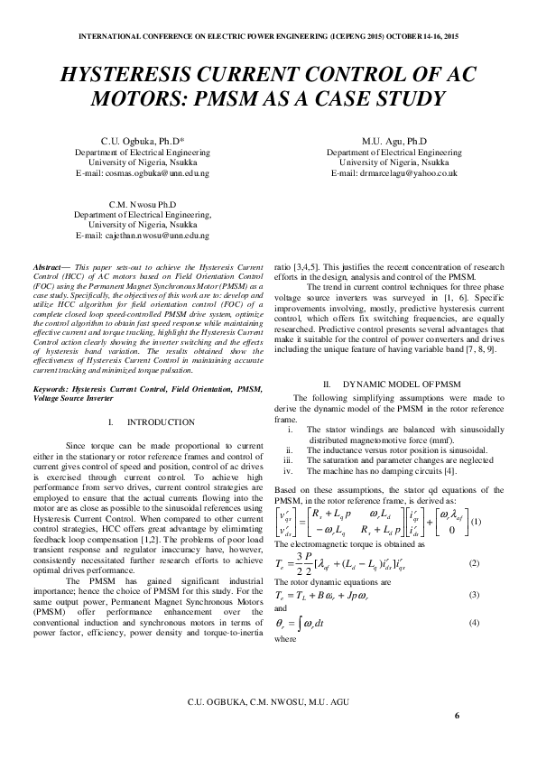 (PDF) HYSTERESIS CURRENT CONTROL OF AC MOTORS: PMSM AS A CASE STUDY