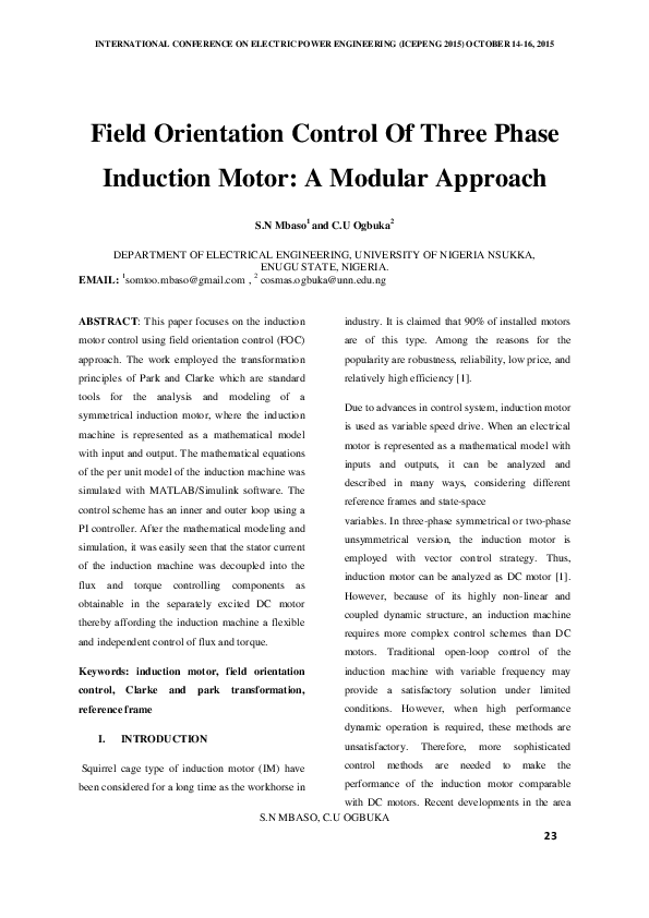 Pdf Field Orientation Control Of Three Phase Induction Motor A Modular Approach