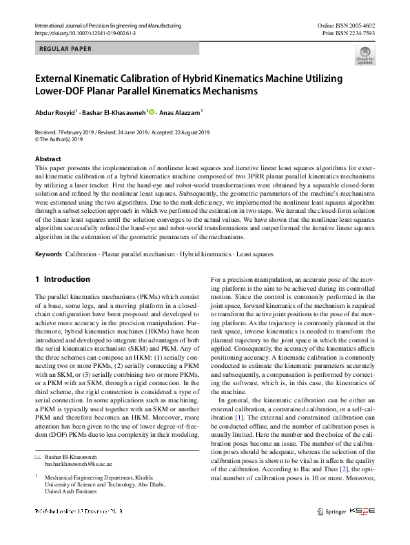 Pdf External Kinematic Calibration Of Hybrid Kinematics Machine Utilizing Lower Dof Planar
