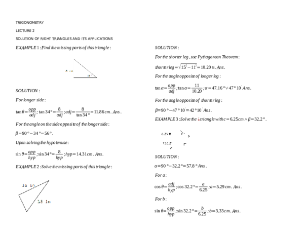 (DOC) TRIGONOMETRY LECTURE 2 SOLUTION OF RIGHT TRIANGLES AND ITS ...