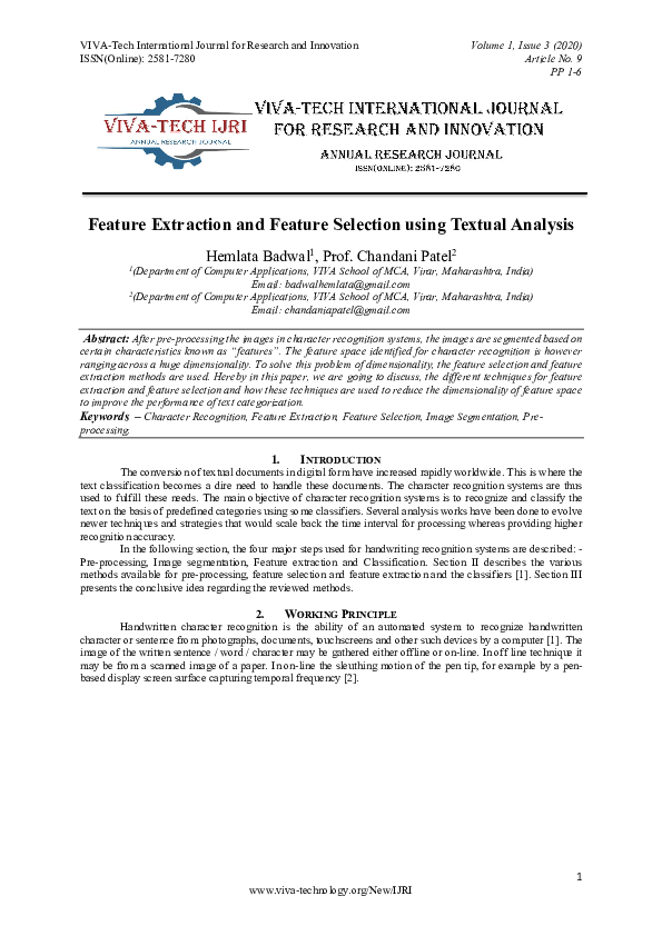 Pdf Feature Extraction And Feature Selection Using Textual Analysis