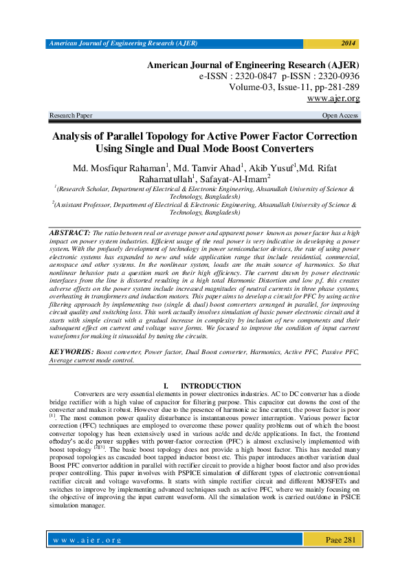 Pdf Analysis Of Parallel Topology For Active Power Factor Correction Using Single And Dual