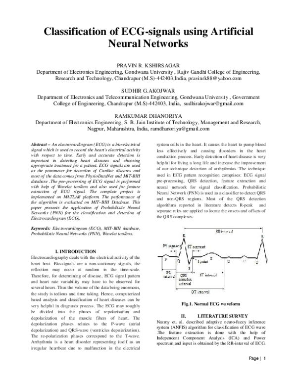 Pdf Classification Of Ecg Signals Using Artificial Neural Networks
