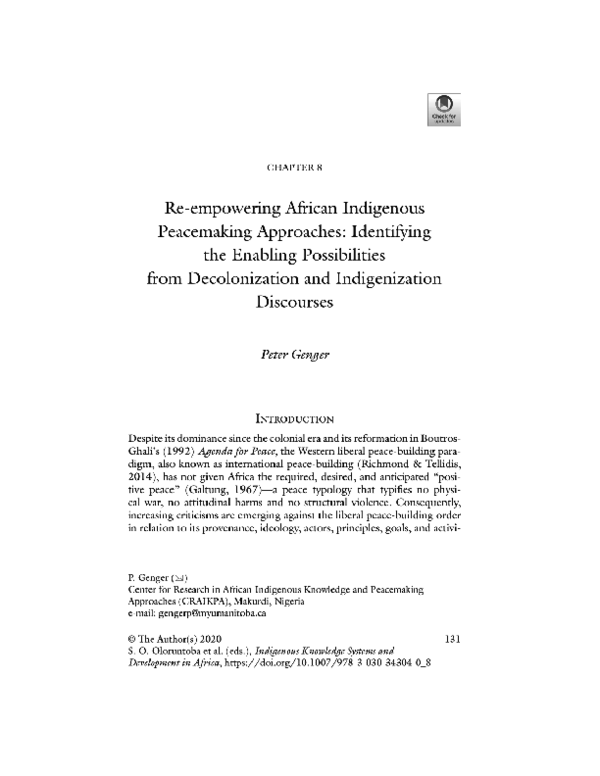 (PDF) Re-empowering African Indigenous Peacemaking Approaches ...
