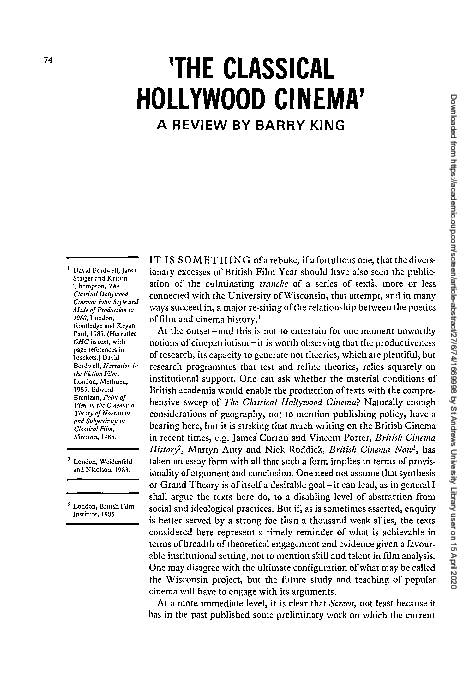 (PDF) THE CLASSICAL HOLLYWOOD CINEMA' A REVIEW BY BARRY KING
