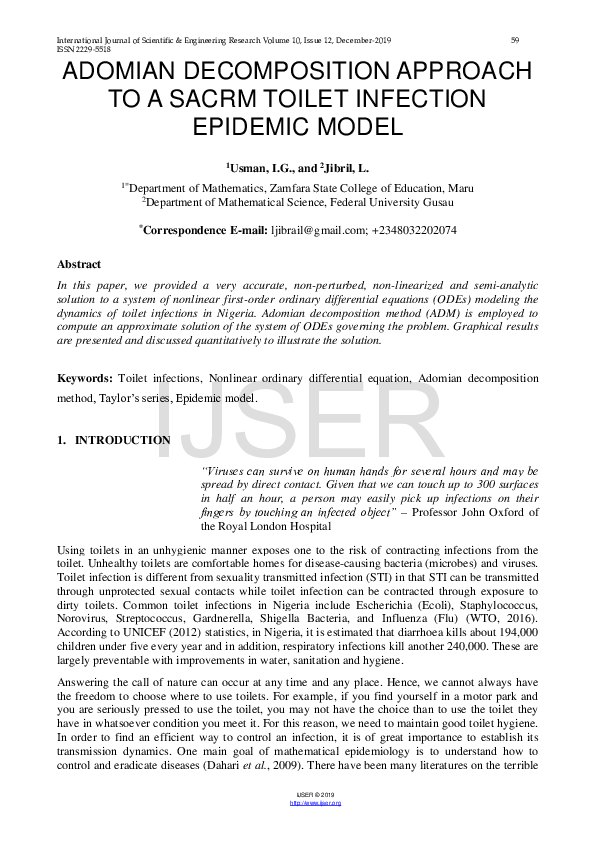 Pdf Adomian Decomposition Approach To A Sacrm Toilet Infection Epidemic Model