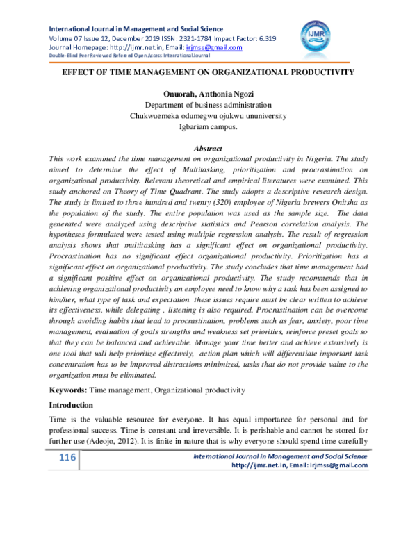(PDF) EFFECT OF TIME MANAGEMENT ON ORGANIZATIONAL PRODUCTIVITY