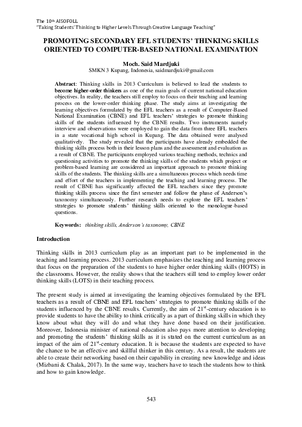 (PDF) "Taking Students' Thinking to Higher Levels Through Creative ...