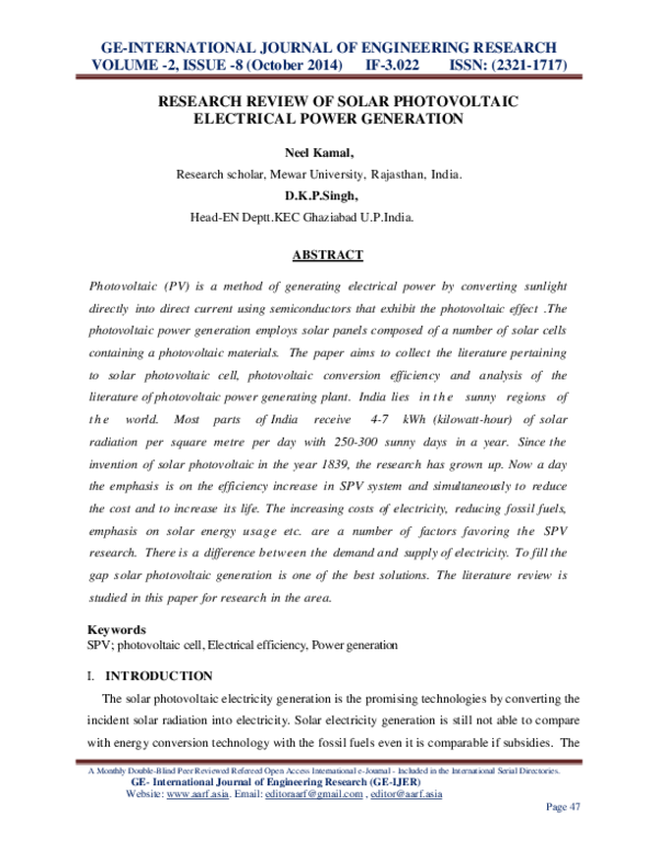 (PDF) RESEARCH REVIEW OF SOLAR PHOTOVOLTAIC ELECTRICAL POWER GENERATION