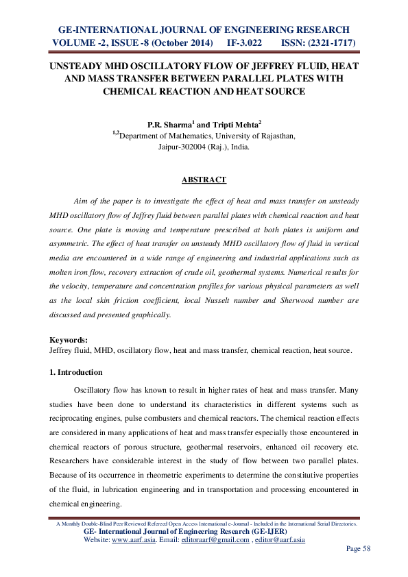 (PDF) UNSTEADY MHD OSCILLATORY FLOW OF JEFFREY FLUID, HEAT AND MASS ...