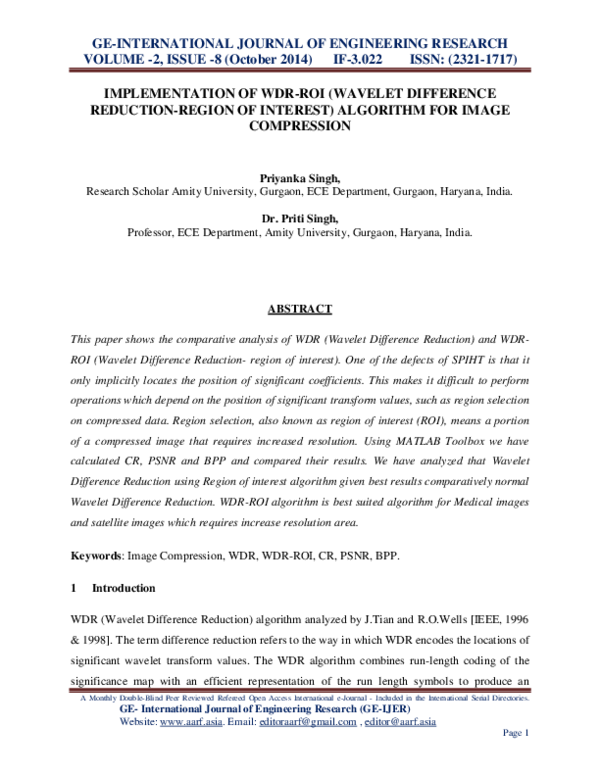 Pdf Implementation Of Wdr Roi Wavelet Difference Reduction Region Of Interest Algorithm For 5962
