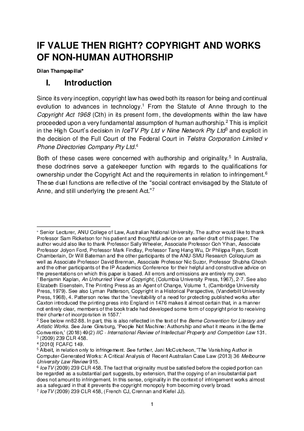 (PDF) If Value Then Right: Copyright and Artificial Intelligence