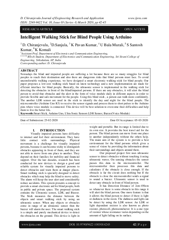 (PDF) Intelligent Walking Stick for Blind People Using Arduino