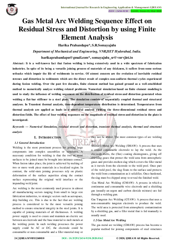 Pdf Gas Metal Arc Welding Sequence Effect On Residual Stress And