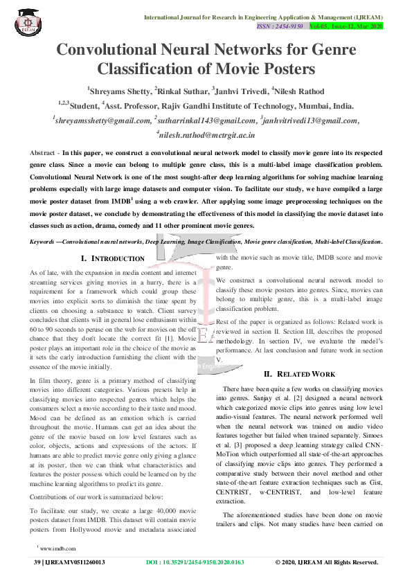 (PDF) Convolutional Neural Networks for Genre Classification of Movie Posters