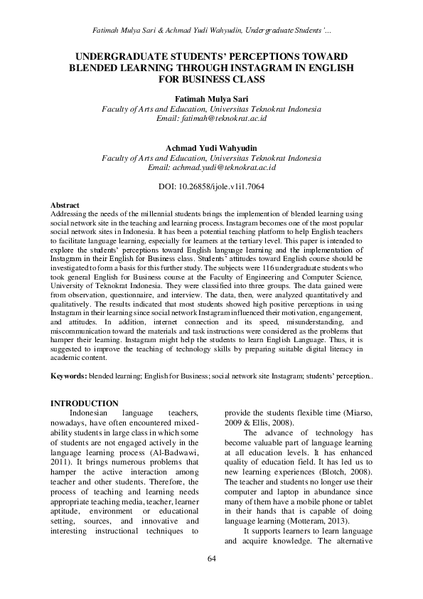 (PDF) UNDERGRADUATE STUDENTS' PERCEPTIONS TOWARD BLENDED LEARNING THROUGH INSTAGRAM IN ENGLISH ...