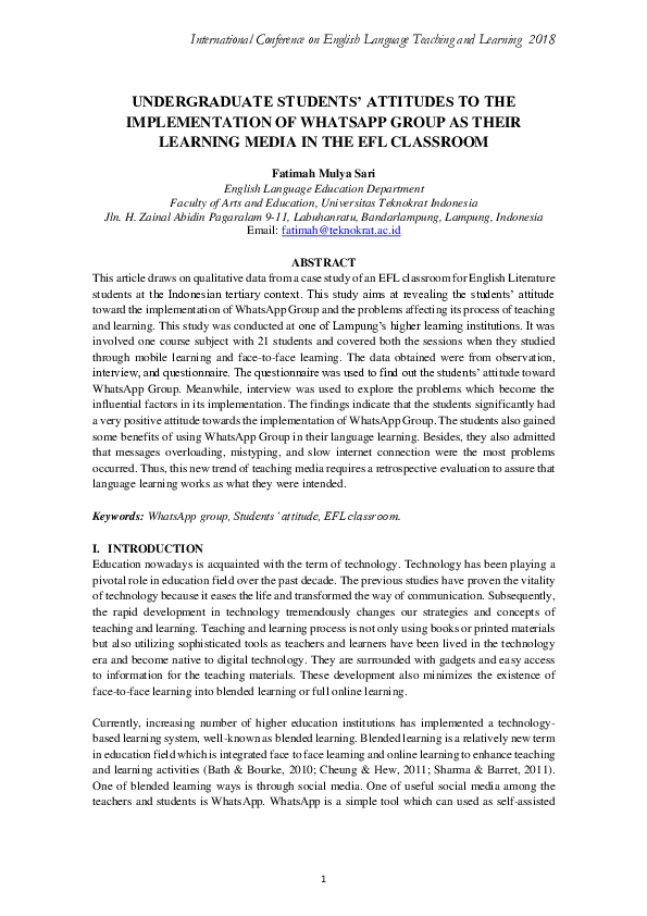 (PDF) UNDERGRADUATE STUDENTS' ATTITUDES TO THE IMPLEMENTATION OF WHATSAPP GROUP AS THEIR ...
