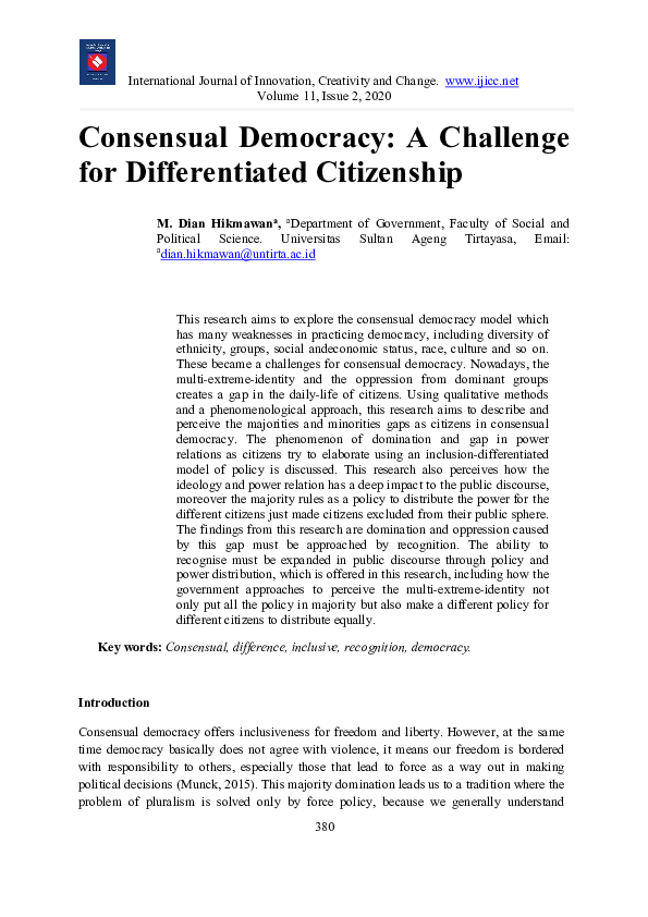 (PDF) Consensual Democracy: A Challenge for Differentiated Citizenship