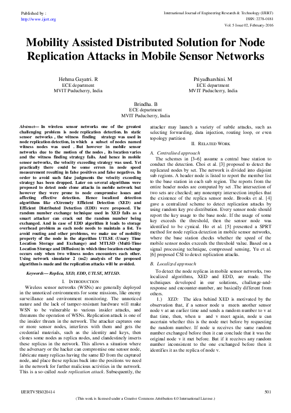 Pdf Ijert Mobility Assisted Distributed Solution For Node Replication Attacks In Mobile Sensor