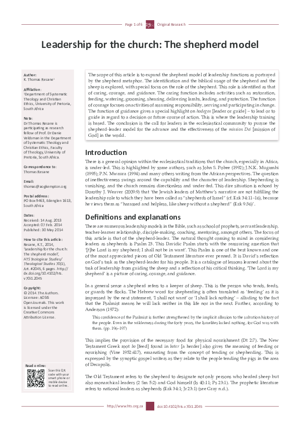 (PDF) Affiliation: Leadership for the church: The shepherd model