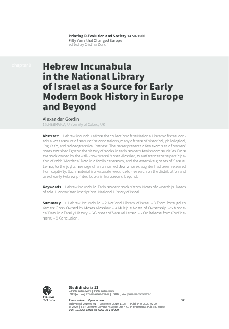 (PDF) Hebrew Incunabula in the National Library of Israel as a Source ...