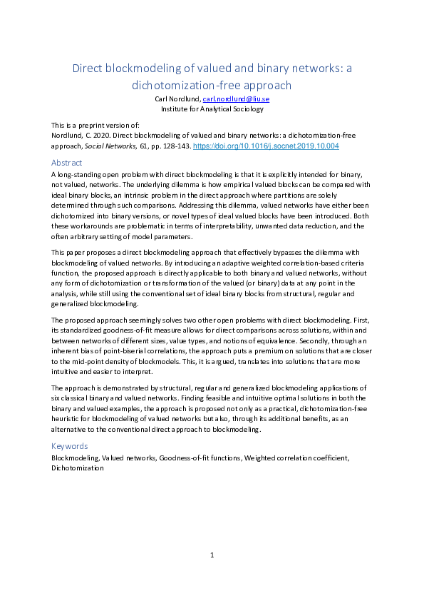 (PDF) Direct blockmodeling of valued and binary networks: a dichotomization-free approach