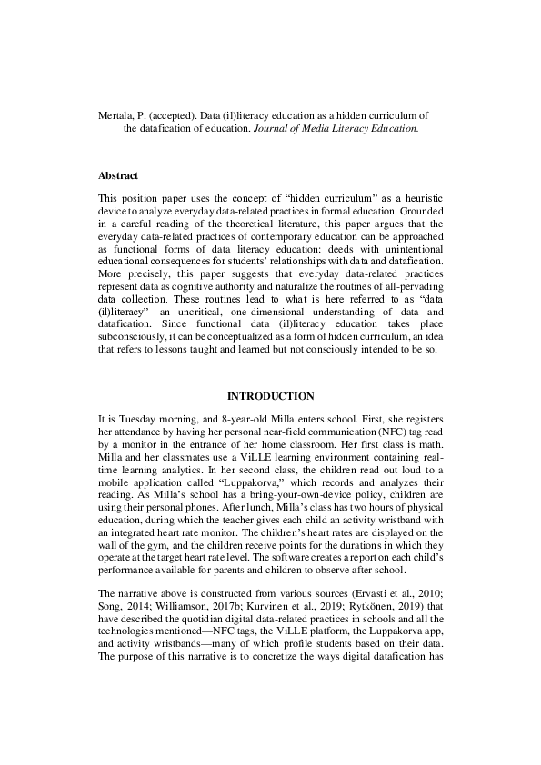 (PDF) Data (il)literacy education as a hidden curriculum of the datafication of education