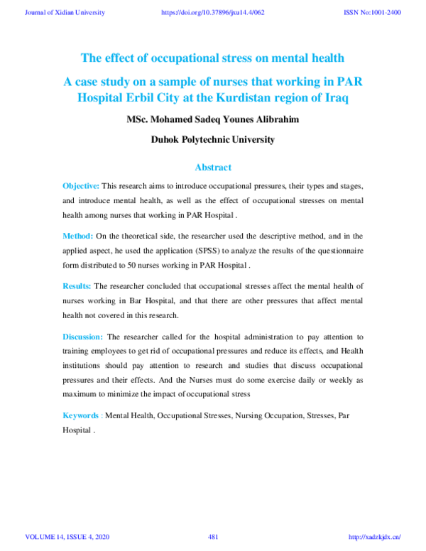 (PDF) The effect of occupational stress on mental health A case study ...
