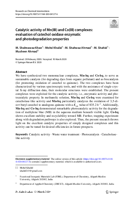 (PDF) Catalytic activity of Mn(III) and Co(III) complexes: evaluation of catechol oxidase ...