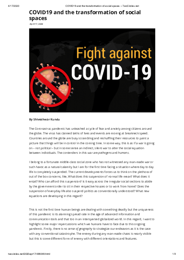 (PDF) COVID19 and the transformation of social spaces – TwoCircles