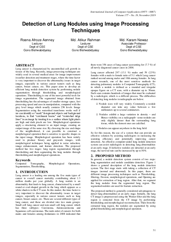 (PDF) Detection of Lung Nodules using Image Processing Techniques