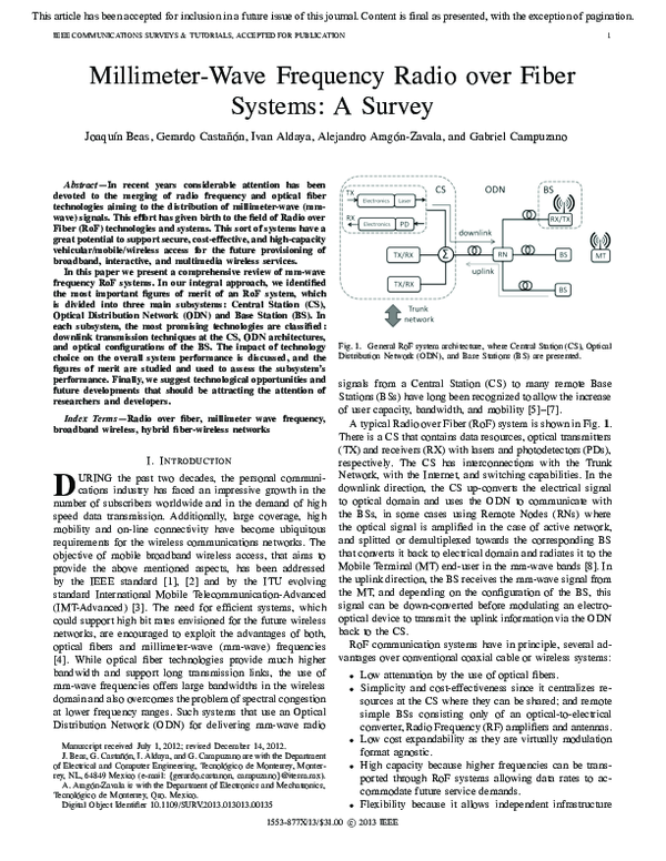 (PDF) Millimeter-Wave Frequency Radio over Fiber Systems: A Survey