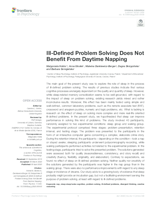 (PDF) Ill-defined problem solving does not benefit from daytime napping